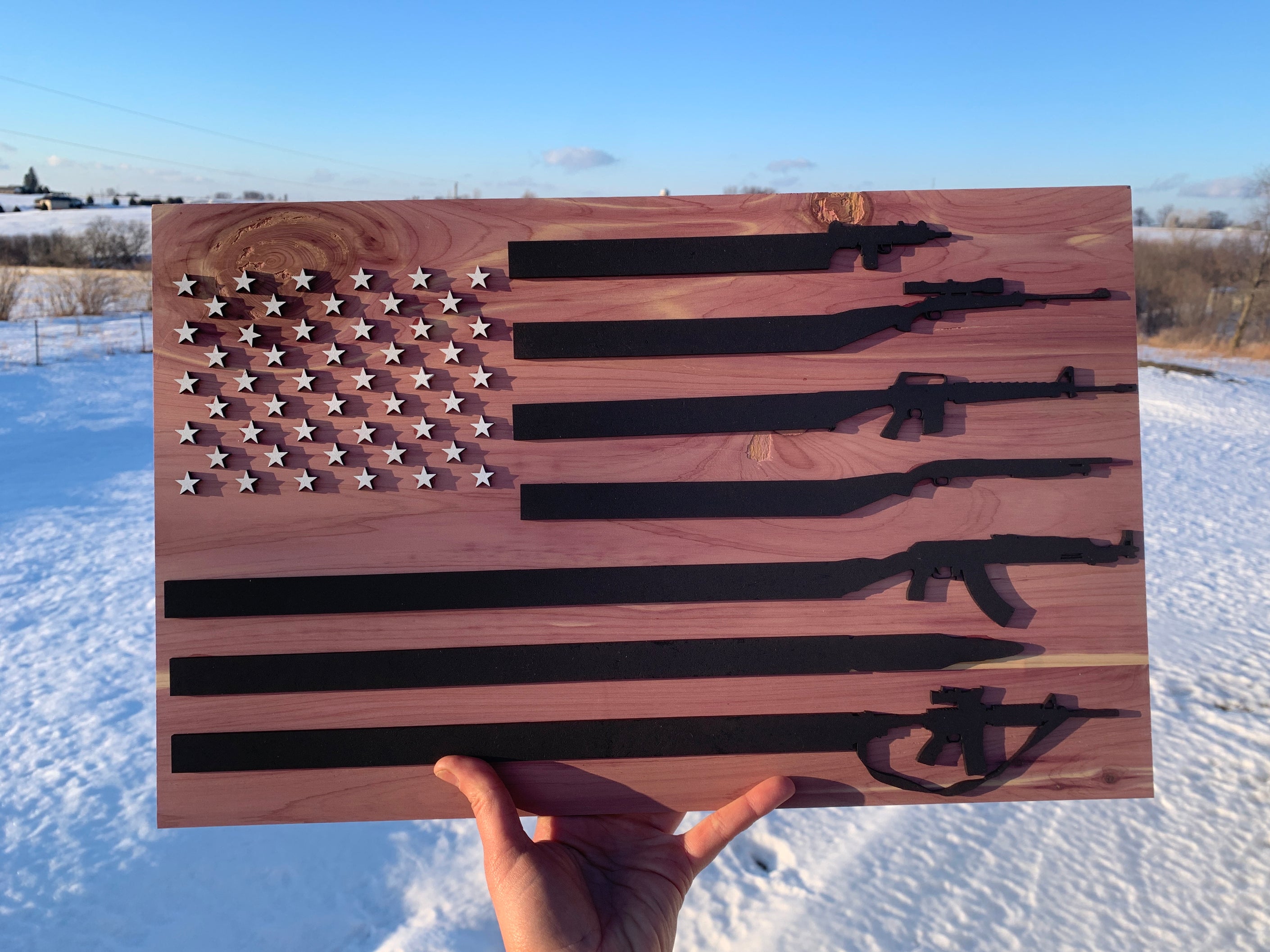 Gun Flag | Cedar Background | 3D Laser Cut American Flag With Guns ...